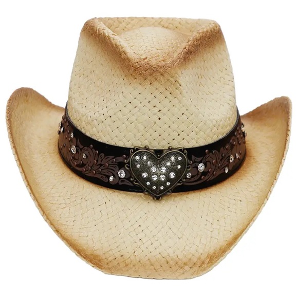 Accessories | Natural Straw Heart Bling Cowboy Hat | Poshmark